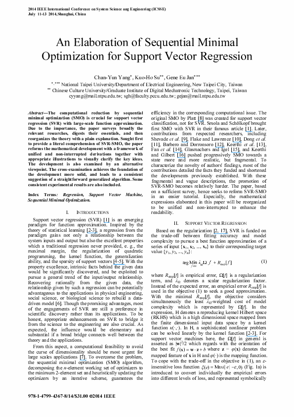 Pdf An Elaboration Of Sequential Minimal Optimization For Support Vector Regression