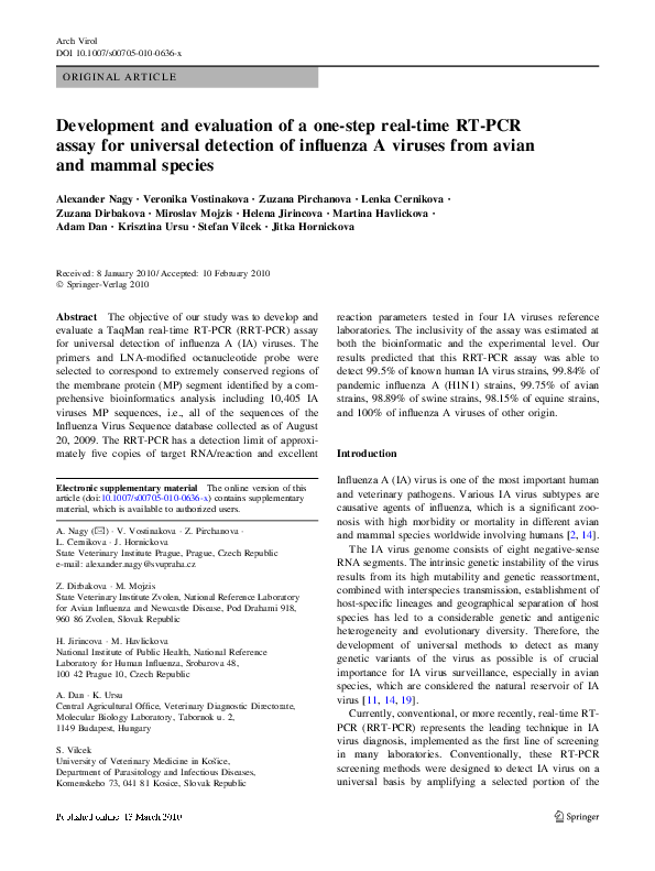 (PDF) Development and evaluation of a one-step real-time RT-PCR assay ...