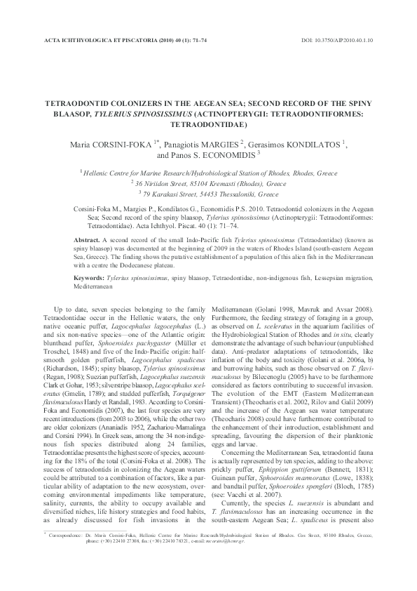 (PDF) Tetraodontid Colonizers in the Aegean Sea; Second Record of the ...