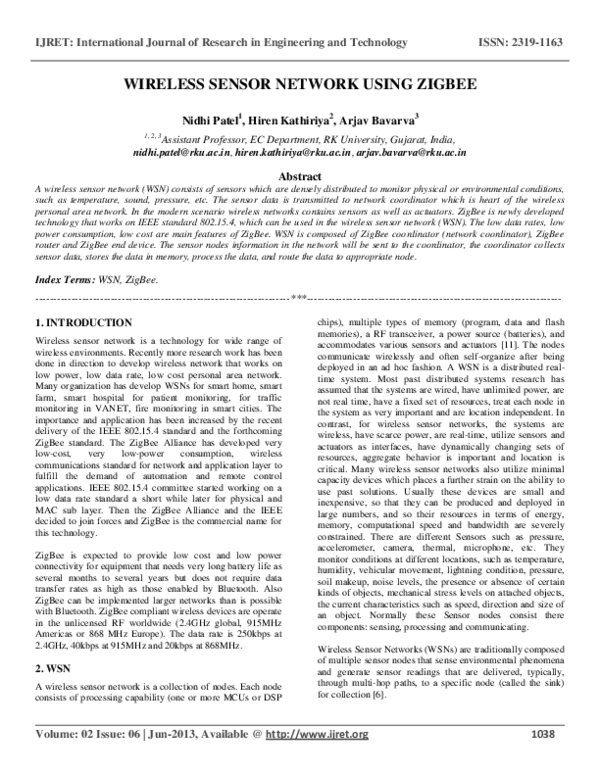 (PDF) WIRELESS SENSOR NETWORK USING ZIGBEE