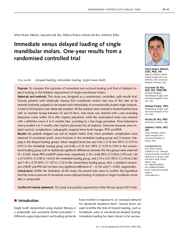 (PDF) Immediate versus delayed loading of single lower molars. One year ...