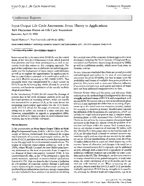 Pdf Input Output Life Cycle Assessment From Theory To Applications