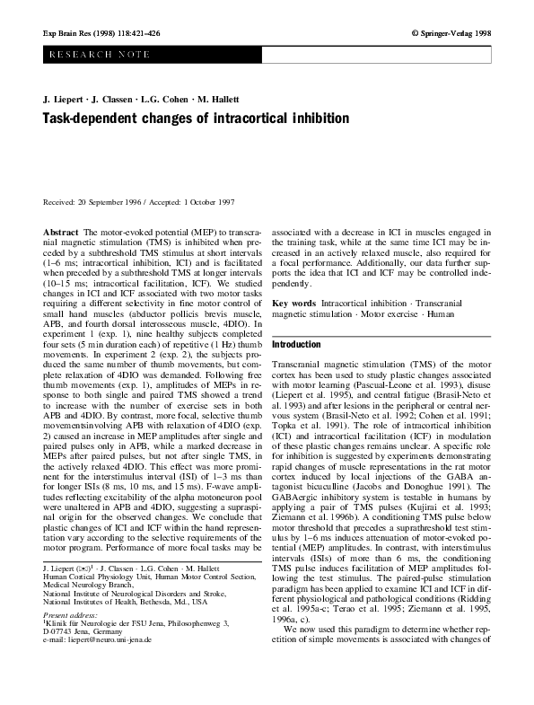 (PDF) Task-dependent changes of intracortical inhibition