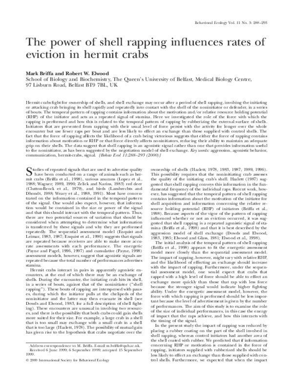 (PDF) The power of shell rapping influences rates of eviction in hermit ...
