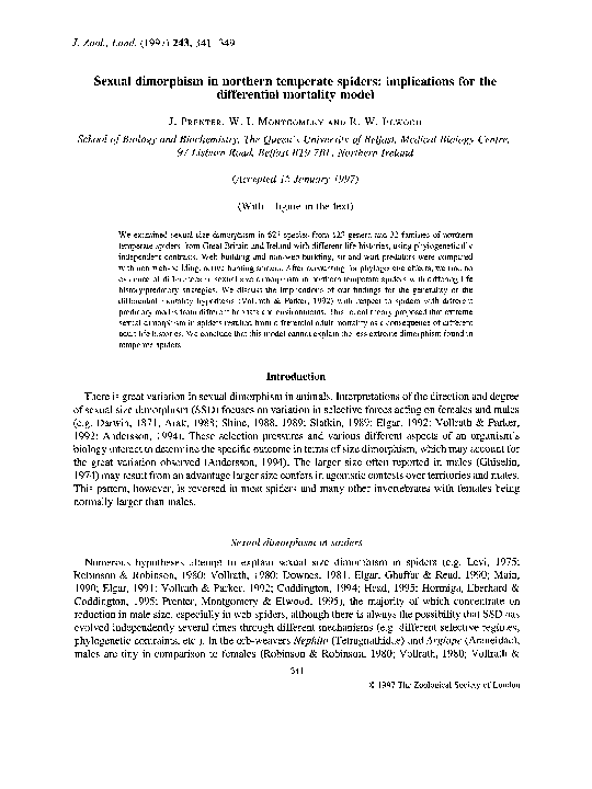 Pdf Sexual Dimorphism In Northern Temperate Spiders Implications For