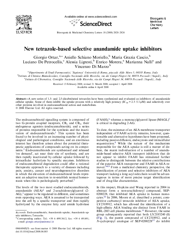 (PDF) New tetrazole-based selective anandamide uptake inhibitors