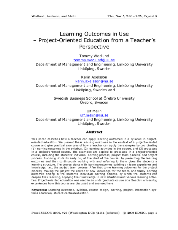 (PDF) Learning Outcomes in Use–Project-Oriented Education from a ...