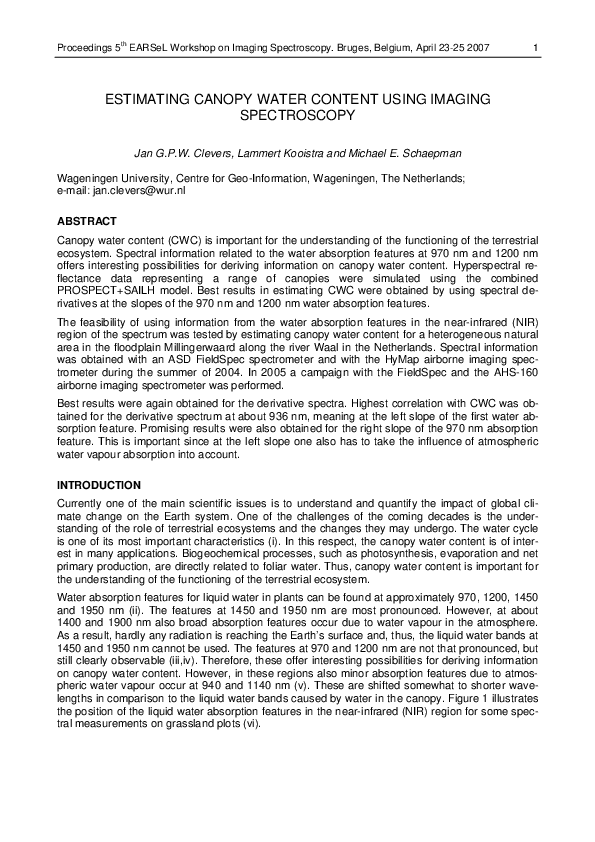(PDF) Estimating canopy water content using imaging spectroscopy