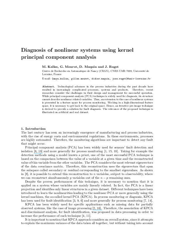 (PDF) Diagnosis of nonlinear systems using kernel principal component analysis