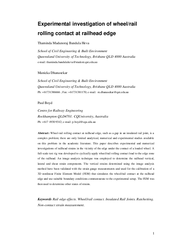 (PDF) Experimental Investigation of Wheel/Rail Rolling Contact at Railhead Edge