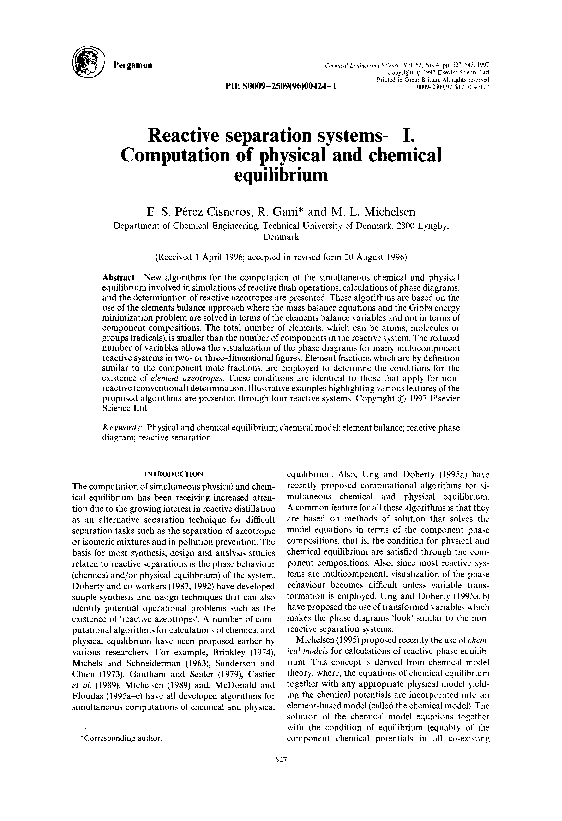 Pdf Reactive Separation Systems—i Computation Of Physical And
