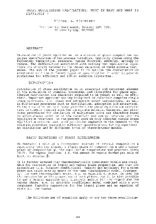 (PDF) Phase equilibrium calculations. What is easy and what is difficult?
