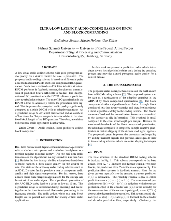 (PDF) Ultra-low latency audio coding based on DPCM and block companding