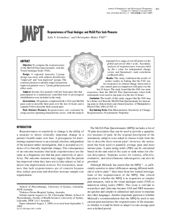 (PDF) Responsiveness of visual analogue and McGill pain scale measures