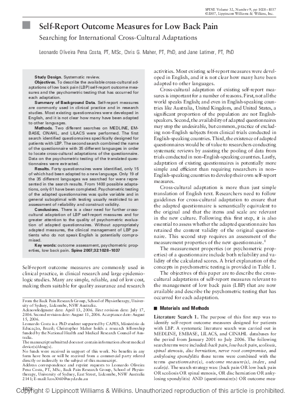 (PDF) Self-Report Outcome Measures for Low Back Pain