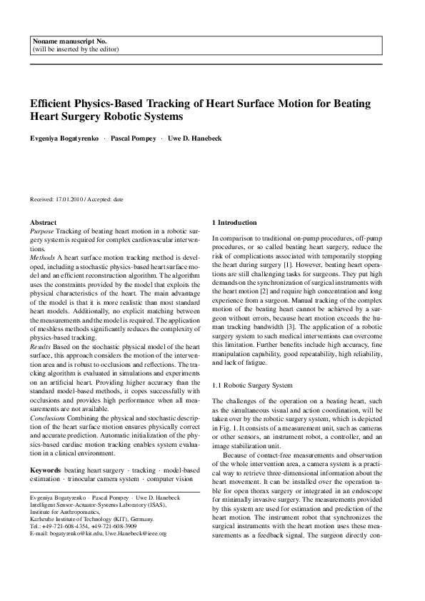 Pdf Efficient Physics Based Tracking Of Heart Surface Motion For