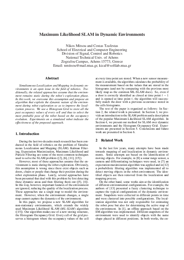 Pdf Maximum Likelihood Slam In Dynamic Environments Costas S Tzafestas 