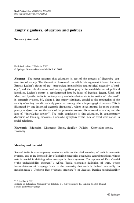 (PDF) Empty signifiers, education and politics