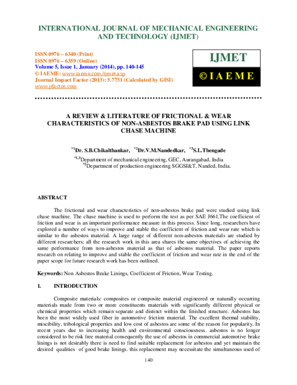 (PDF) A REVIEW & LITERATURE OF FRICTIONAL & WEAR CHARACTERISTICS OF NON ...