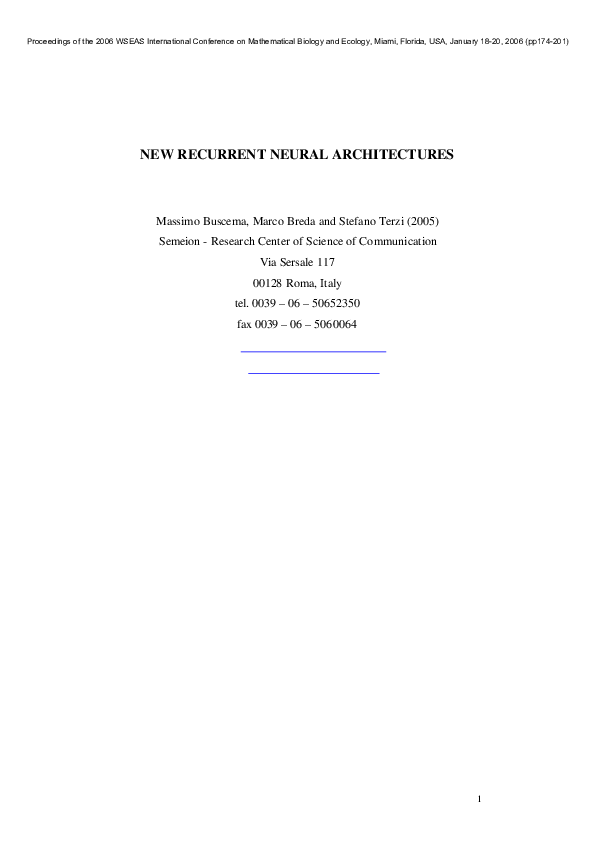 (PDF) New Recurrent Neural Architectures | massimo buscema - Academia.edu