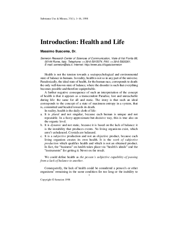 (PDF) Introduction: Health and Life