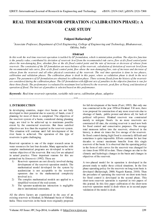 (PDF) REAL TIME RESERVOIR OPERATION (CALIBRATION PHASE): A CASE STUDY