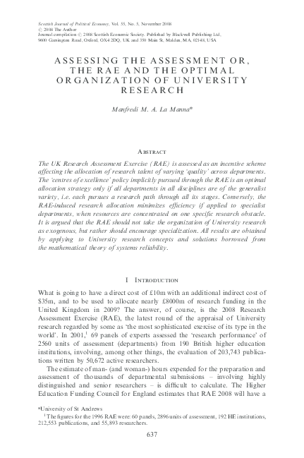 (PDF) ASSESSING THE ASSESSMENT OR, THE RAE AND THE OPTIMAL ORGANIZATION ...