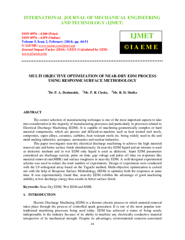 Pdf Multi Objective Optimization Of Near Dry Edm Process Using