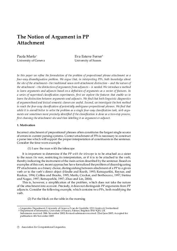 (PDF) The Notion of Argument in PP Attachment