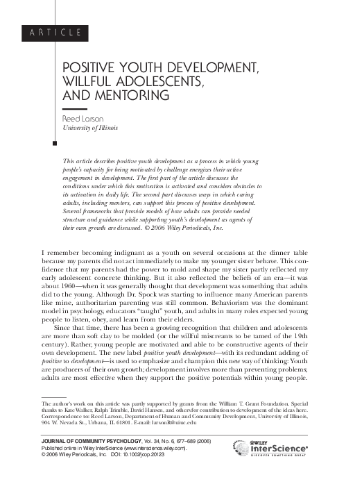 (PDF) POSITIVE YOUTH DEVELOPMENT, WILLFUL ADOLESCENTS, AND MENTORING ...
