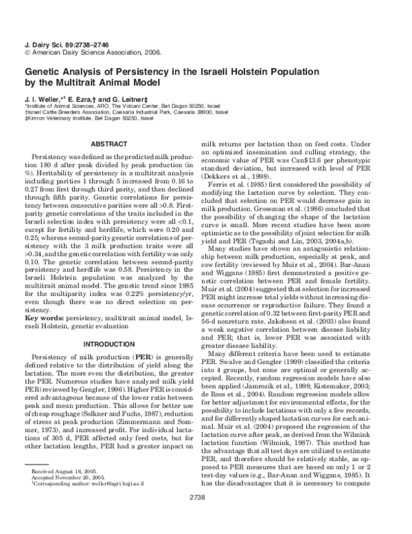 (PDF) Genetic analysis of persistency in the israeli holstein ...