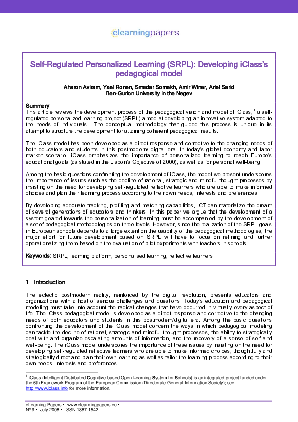 (PDF) Self-Regulated Personalized Learning (SRPL): Developing IClass's Pedagogical Model