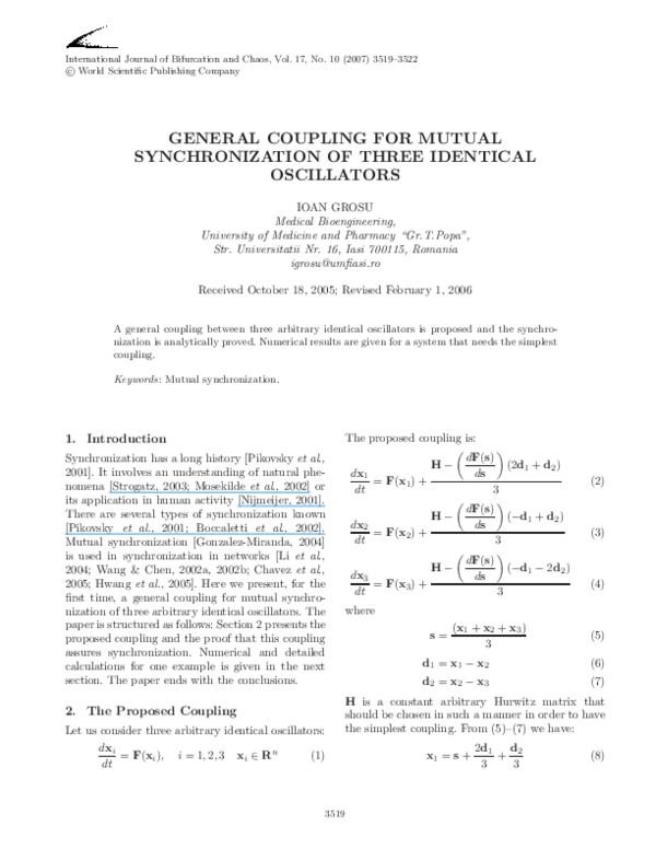 (PDF) GENERAL COUPLING FOR MUTUAL SYNCHRONIZATION OF THREE IDENTICAL OSCILLATORS