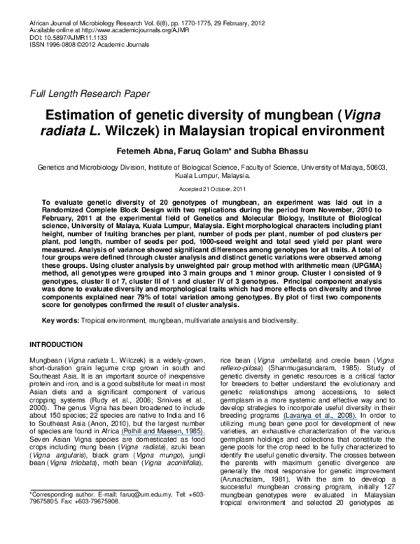 (PDF) Estimation of genetic diversity of mungbean (Vigna radiata L. Wilczek) in Malaysian ...