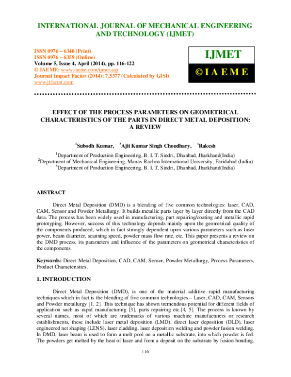 (PDF) EFFECT OF THE PROCESS PARAMETERS ON GEOMETRICAL CHARACTERISTICS ...