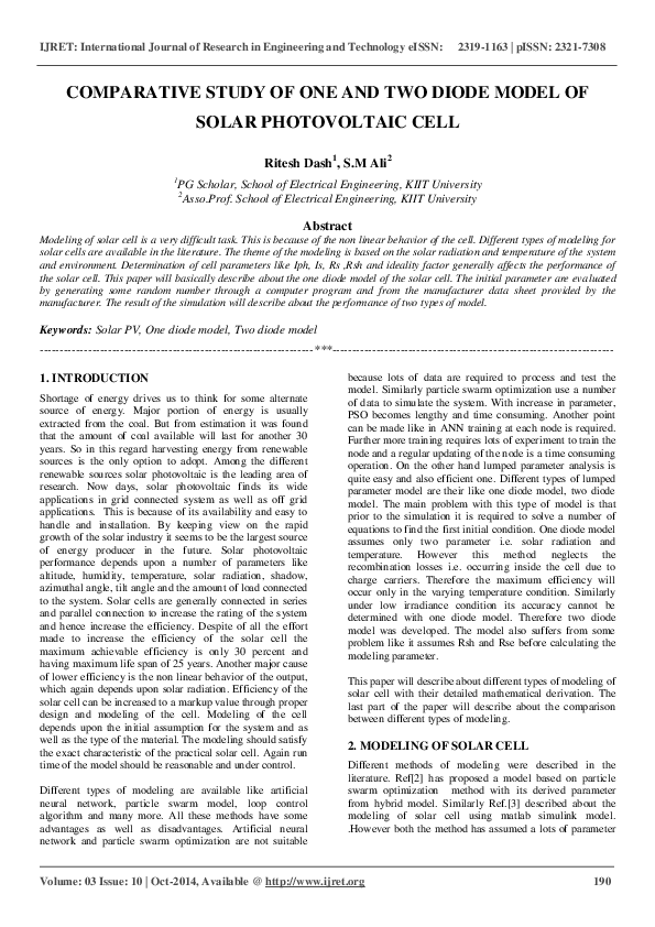 (PDF) COMPARATIVE STUDY OF ONE AND TWO DIODE MODEL OF SOLAR PHOTOVOLTAIC CELL