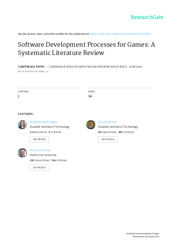 (PDF) Software Development Processes for Games: A Systematic Literature Review