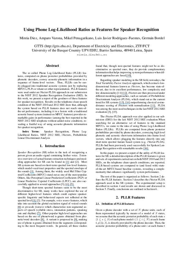 (PDF) Using Phone Log-Likelihood Ratios as Features for Speaker Recognition
