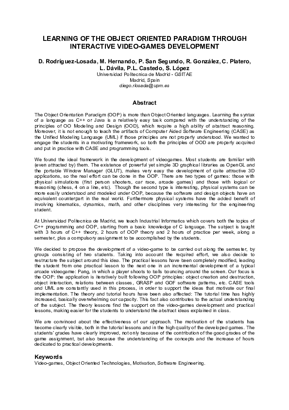 (PDF) Learning of the Object Oriented Paradigm Through Interactive Video-Games Development