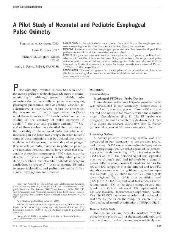 (PDF) A Pilot Study of Neonatal and Pediatric Esophageal Pulse Oximetry
