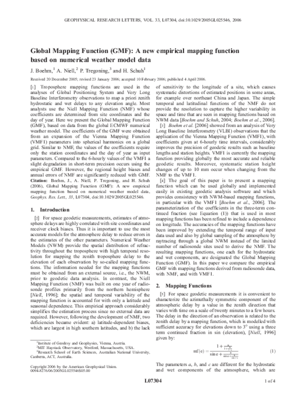 (PDF) Global Mapping Function (GMF): A new empirical mapping function based on numerical weather ...