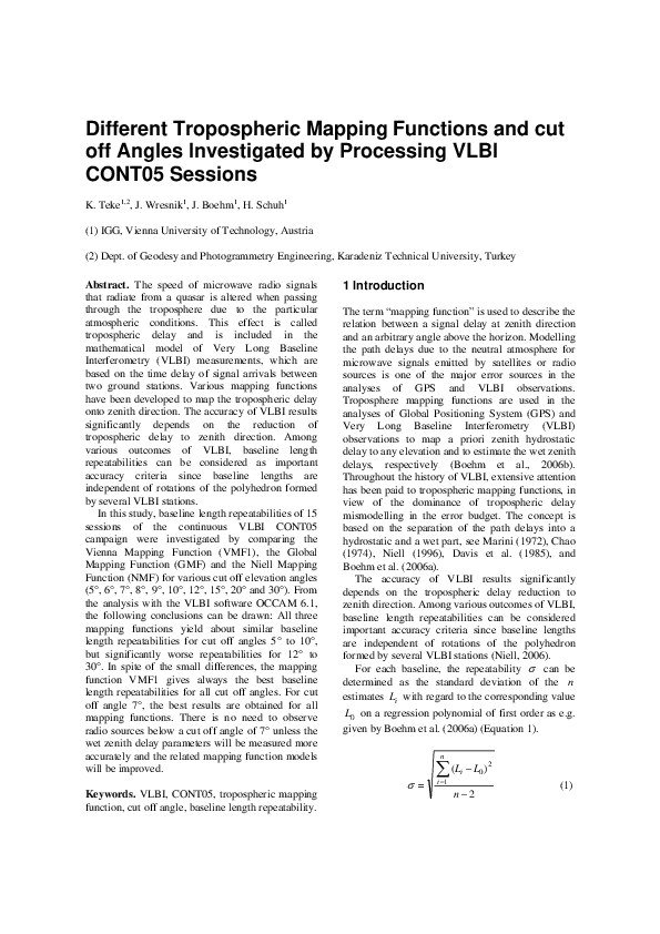(PDF) Different Tropospheric Mapping Functions and cut off Angles Investigated by Processing ...