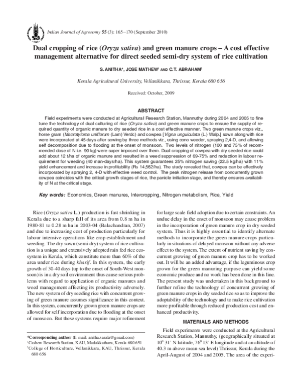 (PDF) Dual cropping of rice (Oryza sativa) and green manure crops A ...