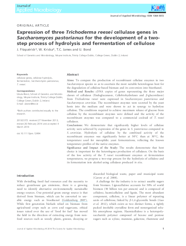 (PDF) Expression of three Trichoderma reesei cellulase genes in Saccharomyces pastorianus for ...
