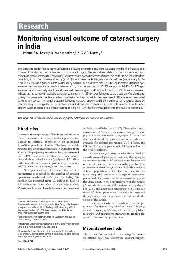 (PDF) Monitoring visual outcome of cataract surgery in India