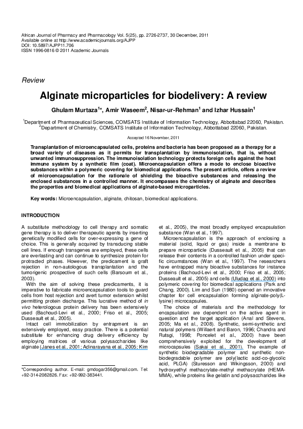 (PDF) Alginate microparticles for biodelivery: A review