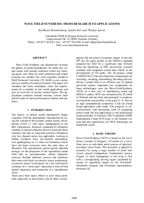 (PDF) WAVE FIELD SYNTHESIS: FROM RESEARCH TO APPLICATIONS