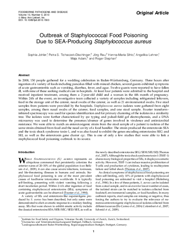 (PDF) Outbreak of Staphylococcal Food Poisoning Due to SEA-Producing Staphylococcus aureus