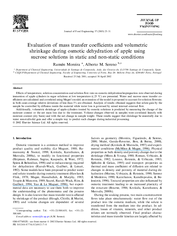 (PDF) Evaluation of mass transfer coefficients and volumetric shrinkage during osmotic ...