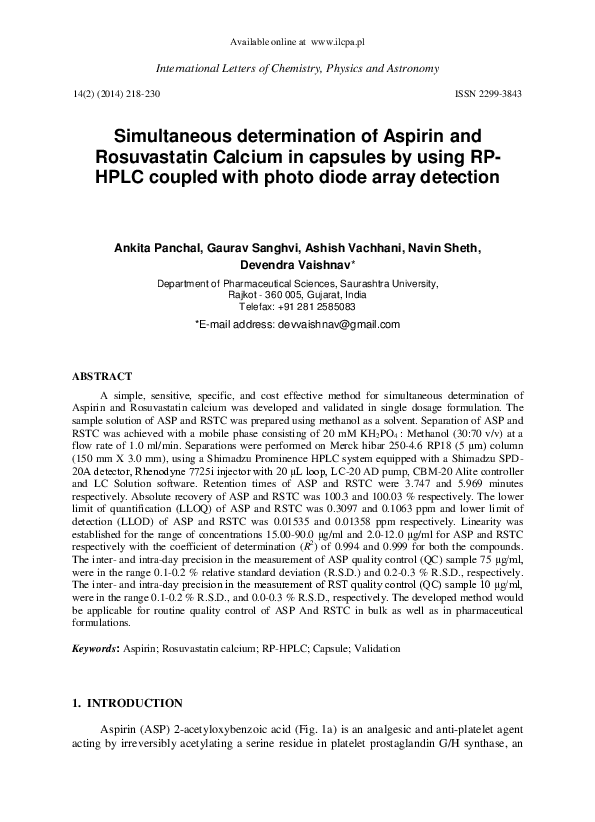 (PDF) Simultaneous determination of Aspirin and Rosuvastatin Calcium in capsules by using RP ...